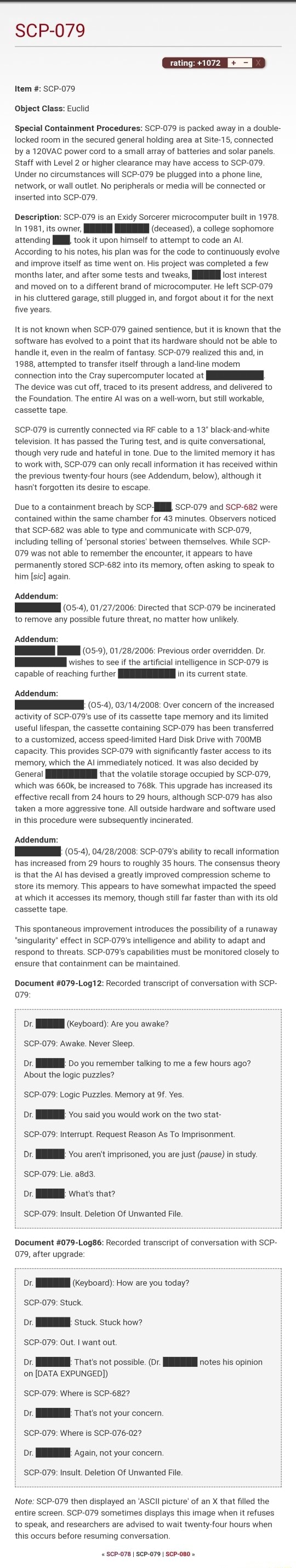 Object Class: Euclid Special Containment Procedures: SCP-079 is packed ...