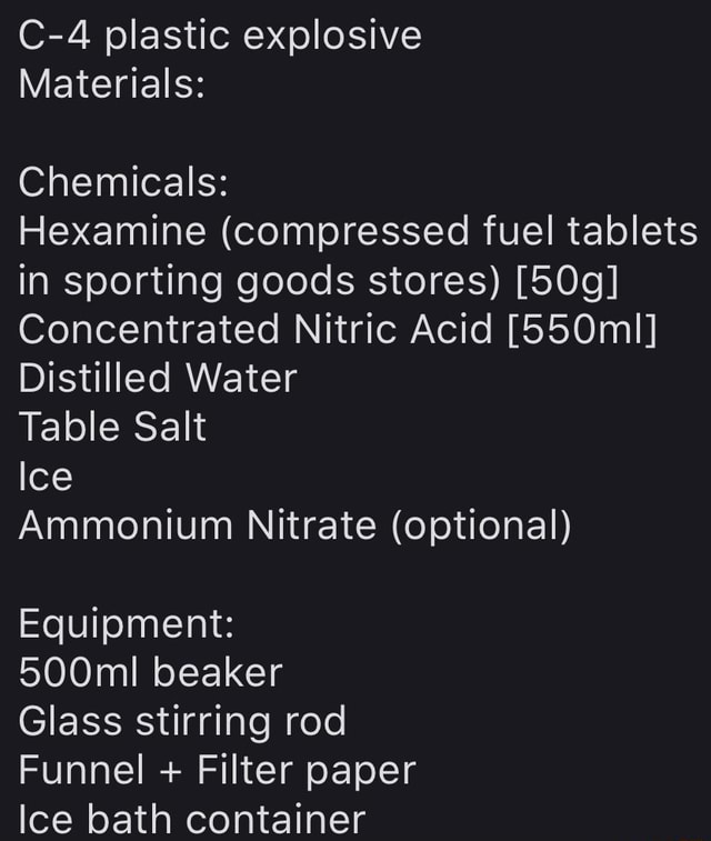 Plastic explosive Materials: Chemicals: Hexamine (compressed fuel ...