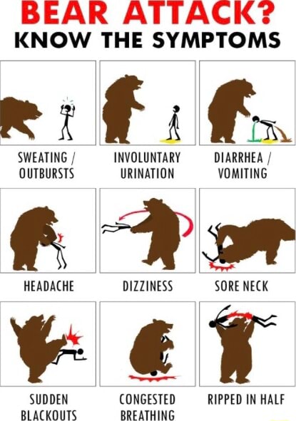 BEAR ATTACK? KNOW THE SYMPTOMS f f... SWEATING / INVOLUNTARY DIARRHEA ...