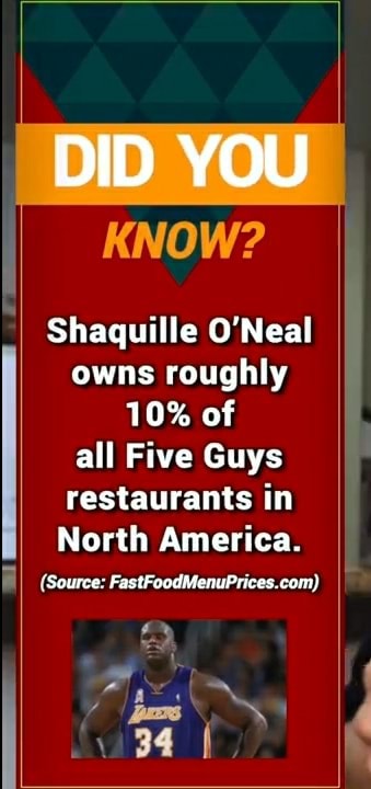 DID YOU KNOW? Shaquille O'Neal owns roughly 10% of all Five Guys ...