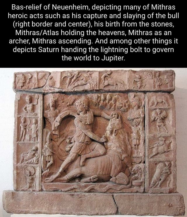 Bas-relief of Neuenheim, depicting many of Mithras heroic acts such as ...