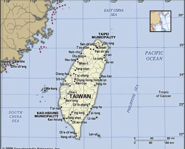 Map of Taiwan, located about 160km (100 miles) southeast of the People ...