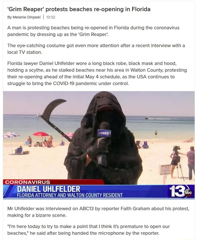 'Grim Reaper' protests beaches re-opening in Florida By Melanie ...