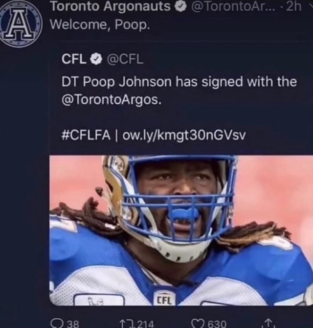 Toronto Argonauts Welcome, Poop. CFL @CFL DT Poop Johnson has signed ...