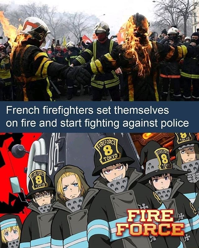 French firefighters set themselves on fire and start honing Ve an - iFunny