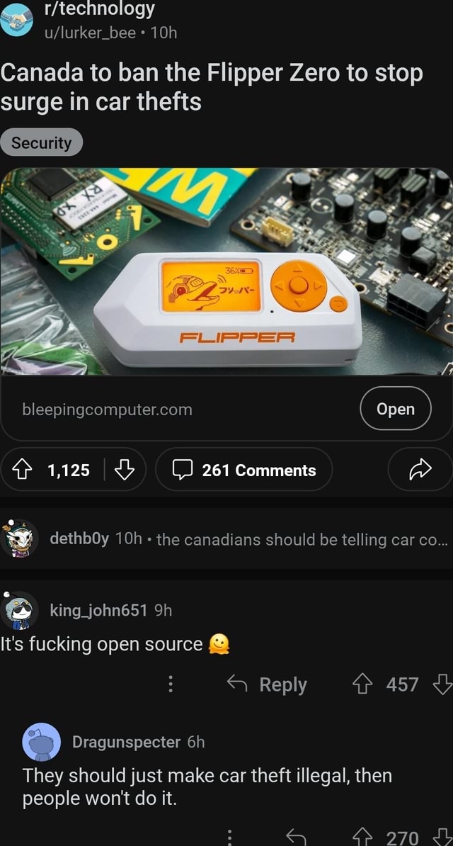 Canada to ban the Flipper Zero to stop surge in car thefts Security ) { Open ) 1,125 261 ...