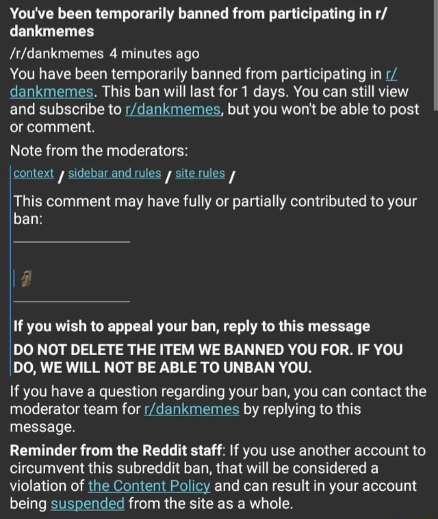 You've been temporarily banned from participating in r/ dankmemes /t ...