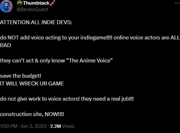 ATTENTION ALL INDIE DEVS: online voice actors are ALL do NOT add voice ...