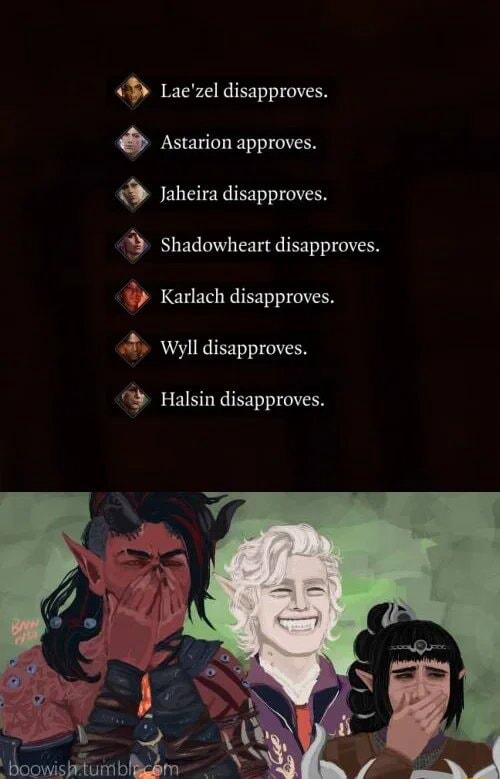 & Astarion approves. Jaheira disapproves. Shadowheart disapproves ...