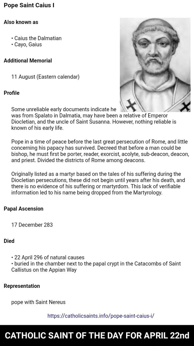 Pope Saint Caius I Also known as Caius the Dalmatian Cayo, Gaius ...