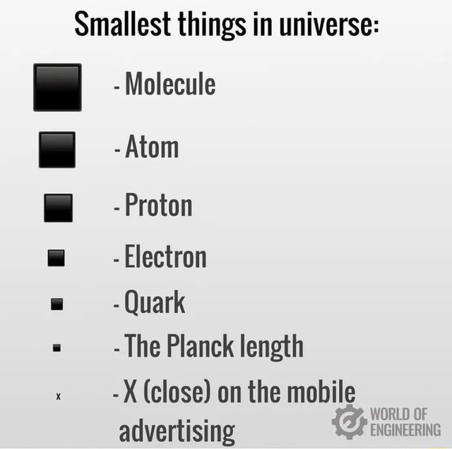 Smallest things in universe: - Molecule - Atom - Proton - Electron ...
