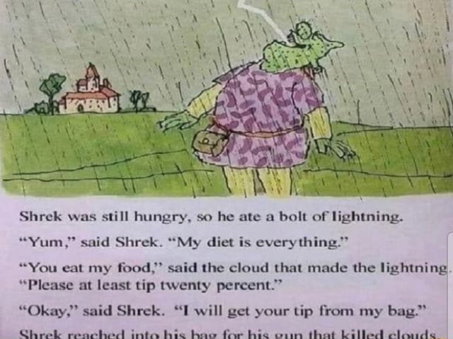 Shrek was still hungry, so he ate a bolt of lightning. "Yum," said ...