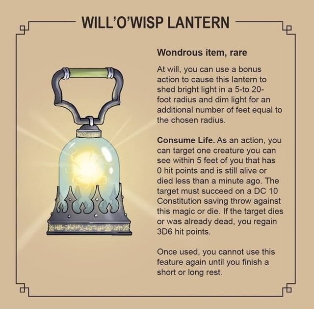 WILL'O'WISP LANTERN Wondrous item, rare At will, you can use a bonus ...
