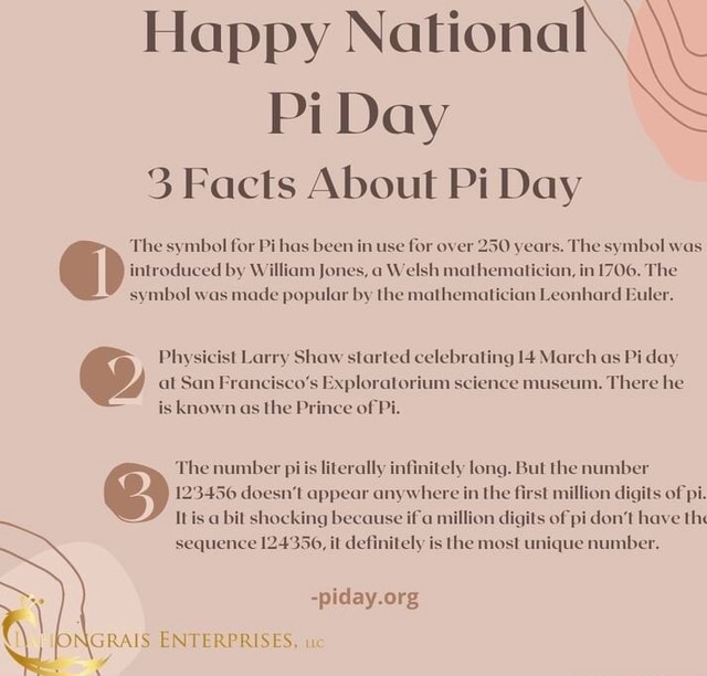 Happy National\ Pi Day 3 Facts About Pi Day The symbol for Pi has been ...