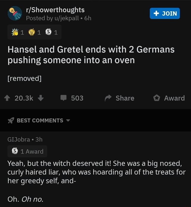 Hansel And Gretel Ends With 2 Germans Pushing Someone Into An Oven 8 1 Award Yeah But The Witch