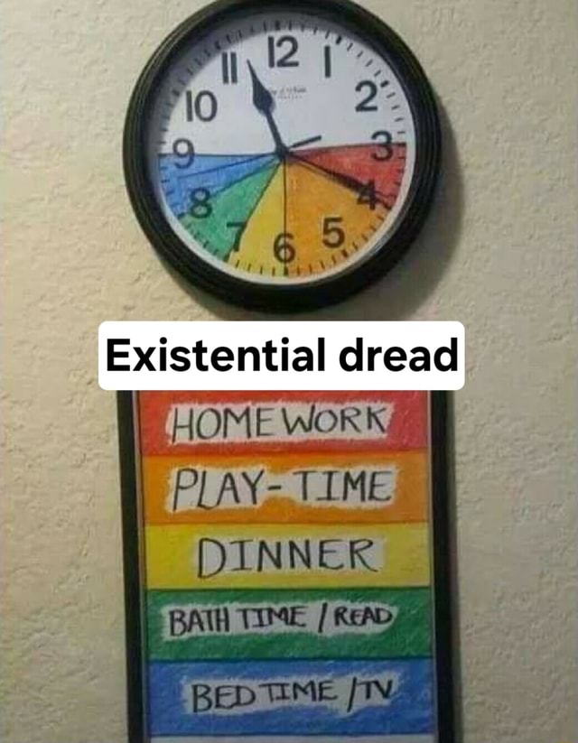 Existential dread HOME WORK I PLAY IME I I I DINNER I BED EME - iFunny