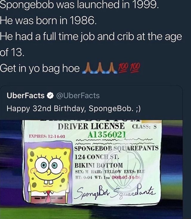 Spongebob was launched in 1999. He was born in 1986. He had a full time ...