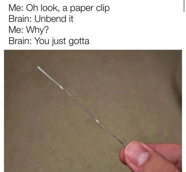 Me: Oh look, a paper clip Brain: Unbend it Me: Why? Brain: You just ...