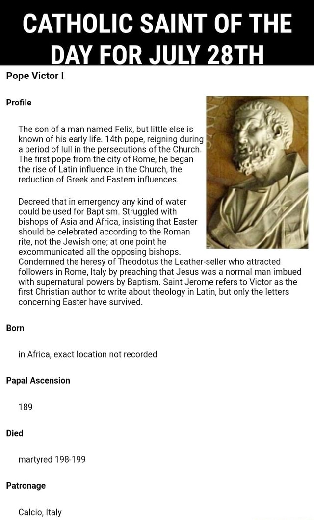 CATHOLIC SAINT OF THE DAY FOR JULY 28TH Pope Victor I Profile The son ...