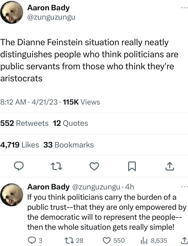 Aaron Bady @zunguzungu The Dianne Feinstein situation really neatly ...