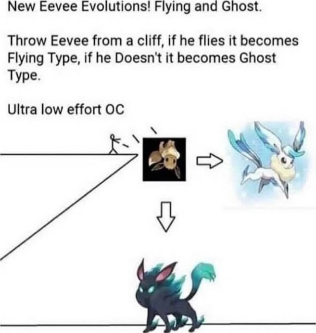 New Eevee Evolutions! Flying and Ghost. Throw Eevee from a cliff, if he flies it becomes Flying ...