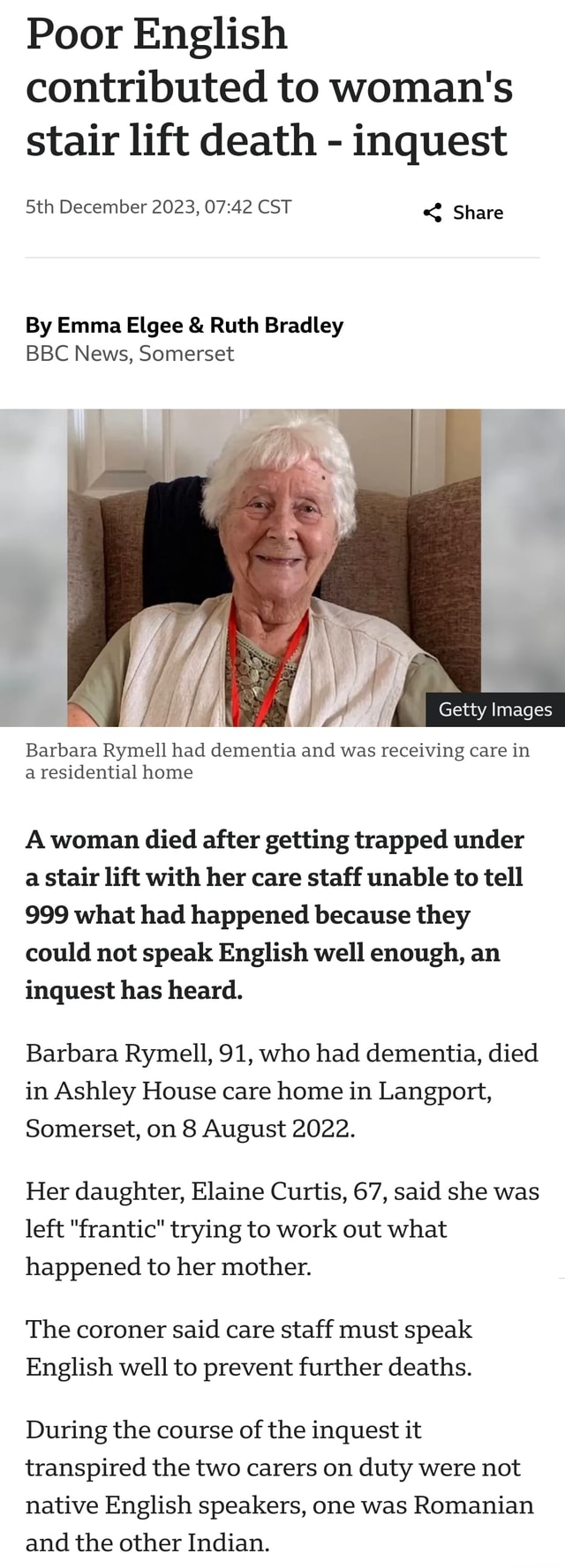 Poor English contributed to woman's stair lift death - inquest December ...