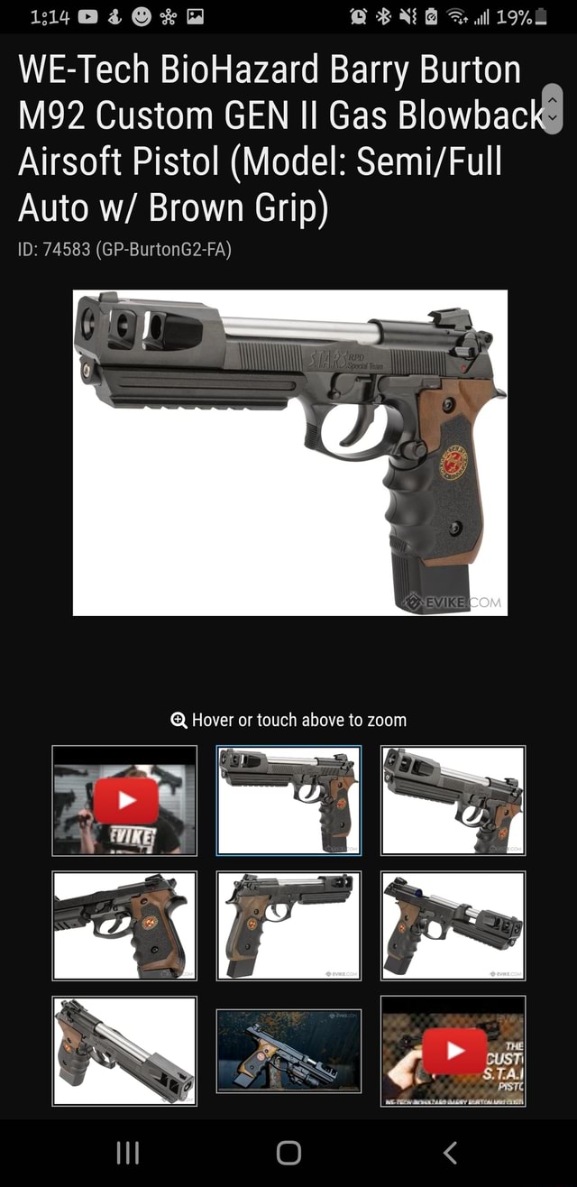 WE-Tech BioHazard Barry Burton Custom GEN II Gas Blowbac Airsoft Pistol (Model: Auto w/ Brown ...