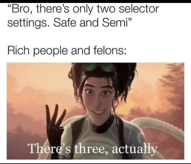 "Bro, there's only two selector settings. Safe and Semi" Rich people ...