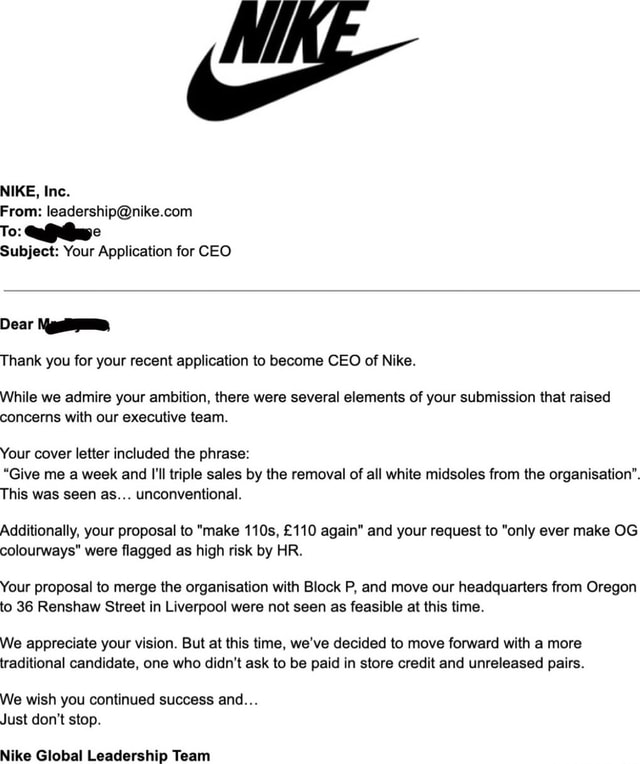 NIKE, Inc. From: leadership@nike.com To: ie Subject: Your Application ...