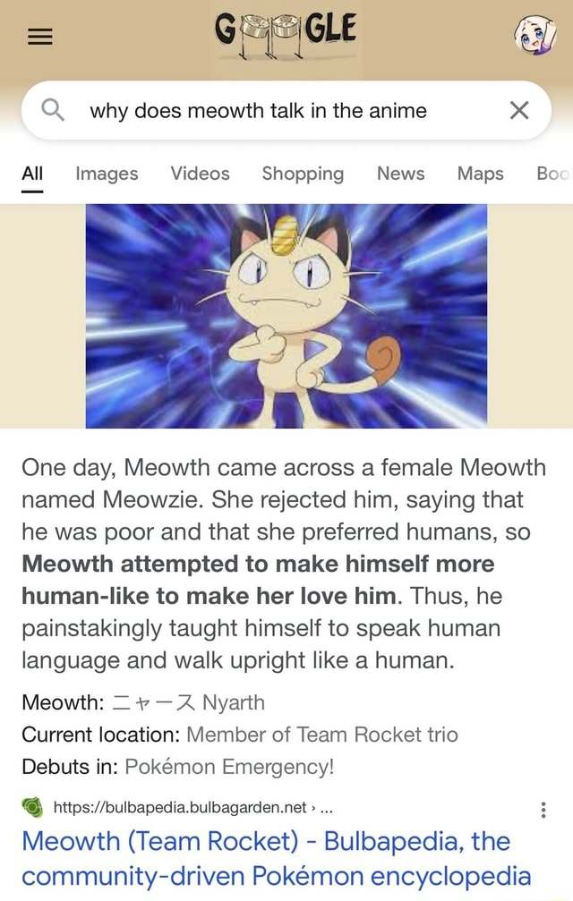 GLE Q. why does meowth talk in the anime All Images Videos Shopping ...