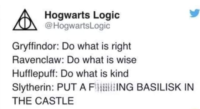 Hogwarts Logic Gryffindor: Do what is right Ravenclaw: Do what is wise Hufflepuff: Do what is ...