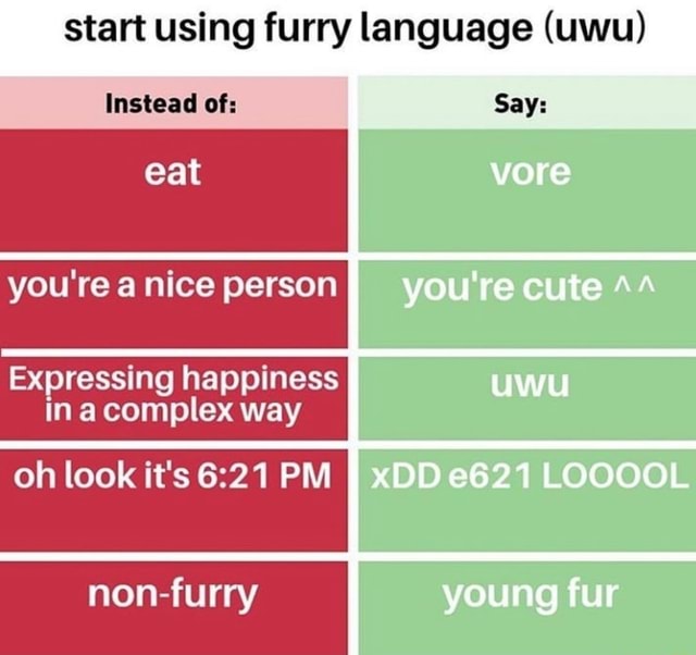 Start using furry language (uwu) you're a nice person Expressing ...