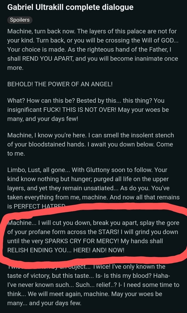 Gabriel Ultrakill complete dialogue Spoilers Machine, turn back now ...