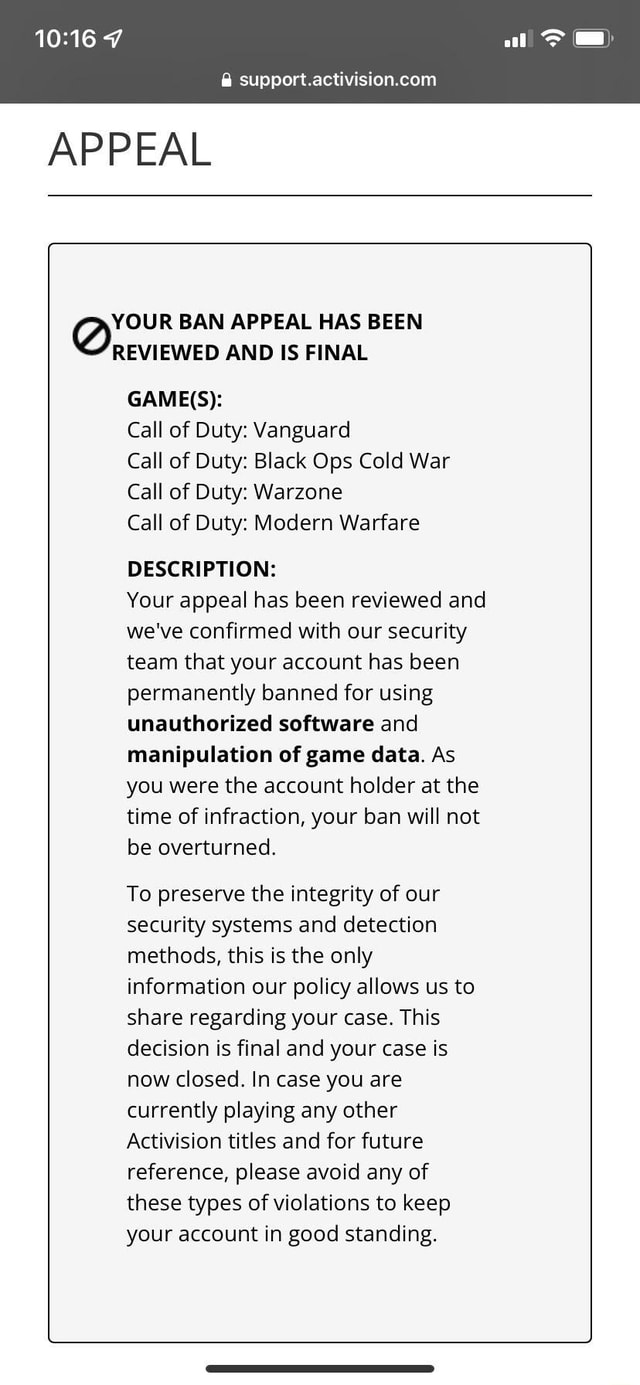 Support APPEAL YOUR BAN APPEAL HAS BEEN REVIEWED AND IS FINAL GAMES ...
