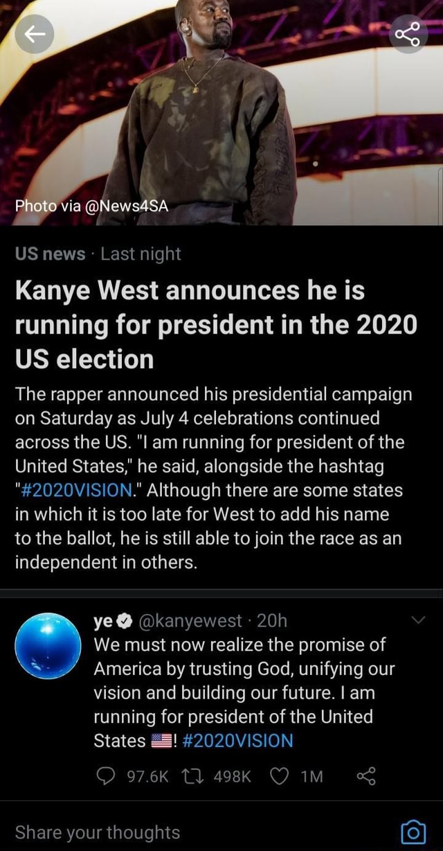 US news Last night Kanye West announces he is running for president in ...