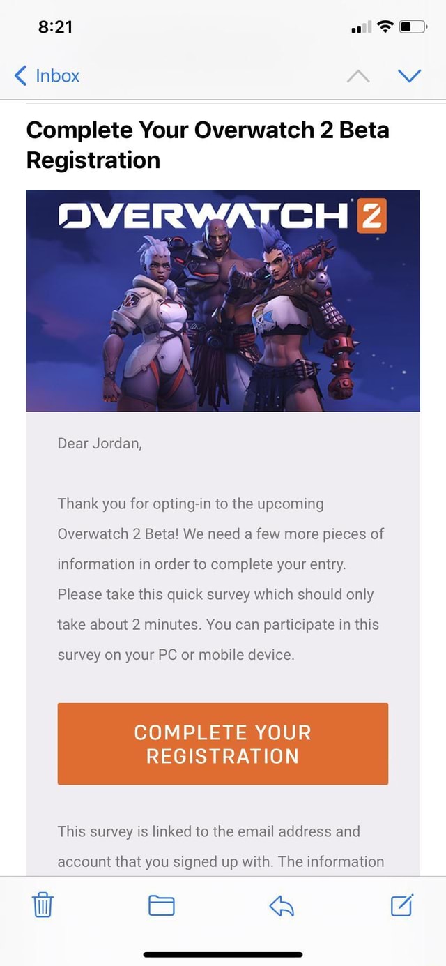 Inbox Complete Your Overwatch 2 Beta Registration AVERWATCH Dear Jordan ...