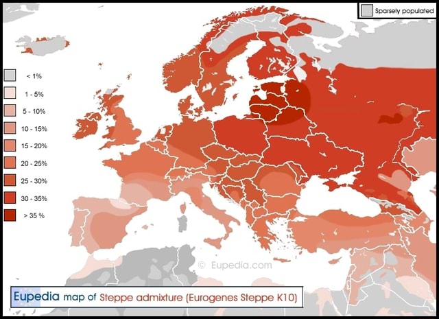 Sparsely populated Eupedia map of steppe admixture (Eurogenes Steppe ...