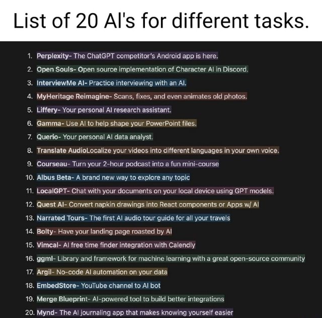 List of 20 Al's for different tasks. 1. Perplexity- The ChatGPT ...