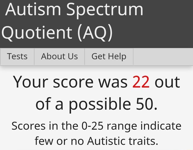 Autism Spectrum Quotient (AQ) Tests AboutUs Get Help Your score was 22 ...