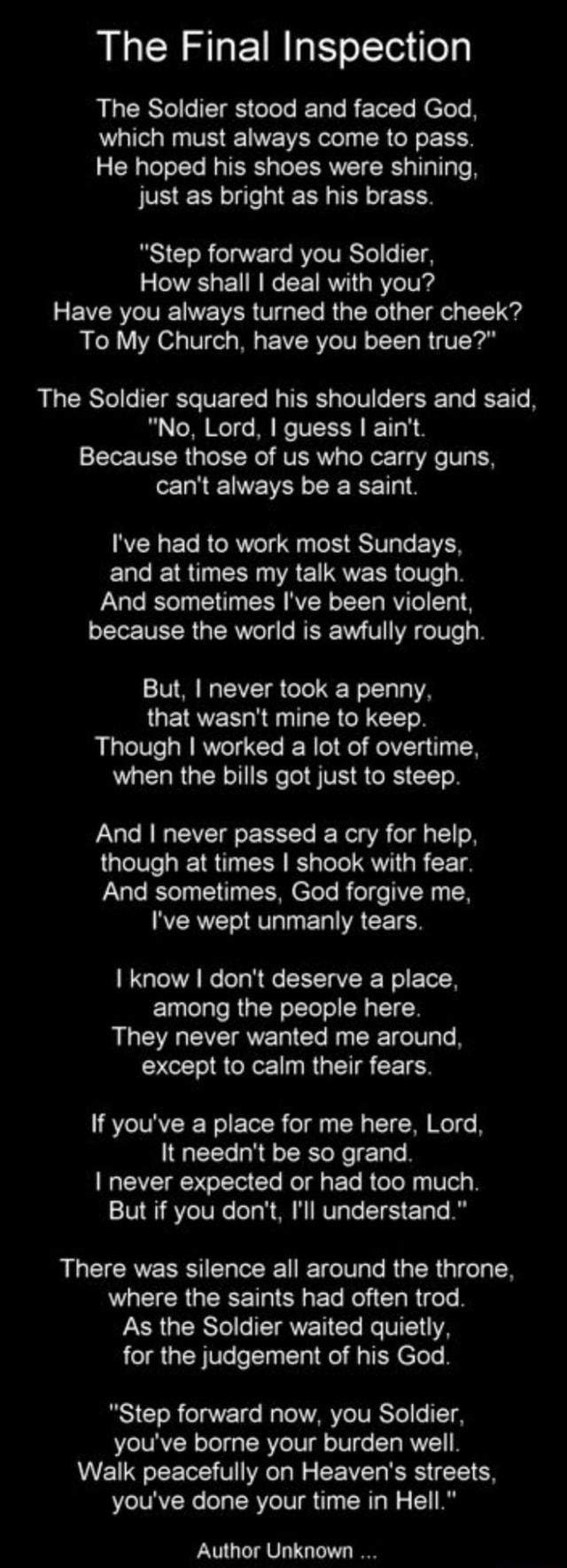 The Final Inspection The Soldier stood and faced God, which must always ...