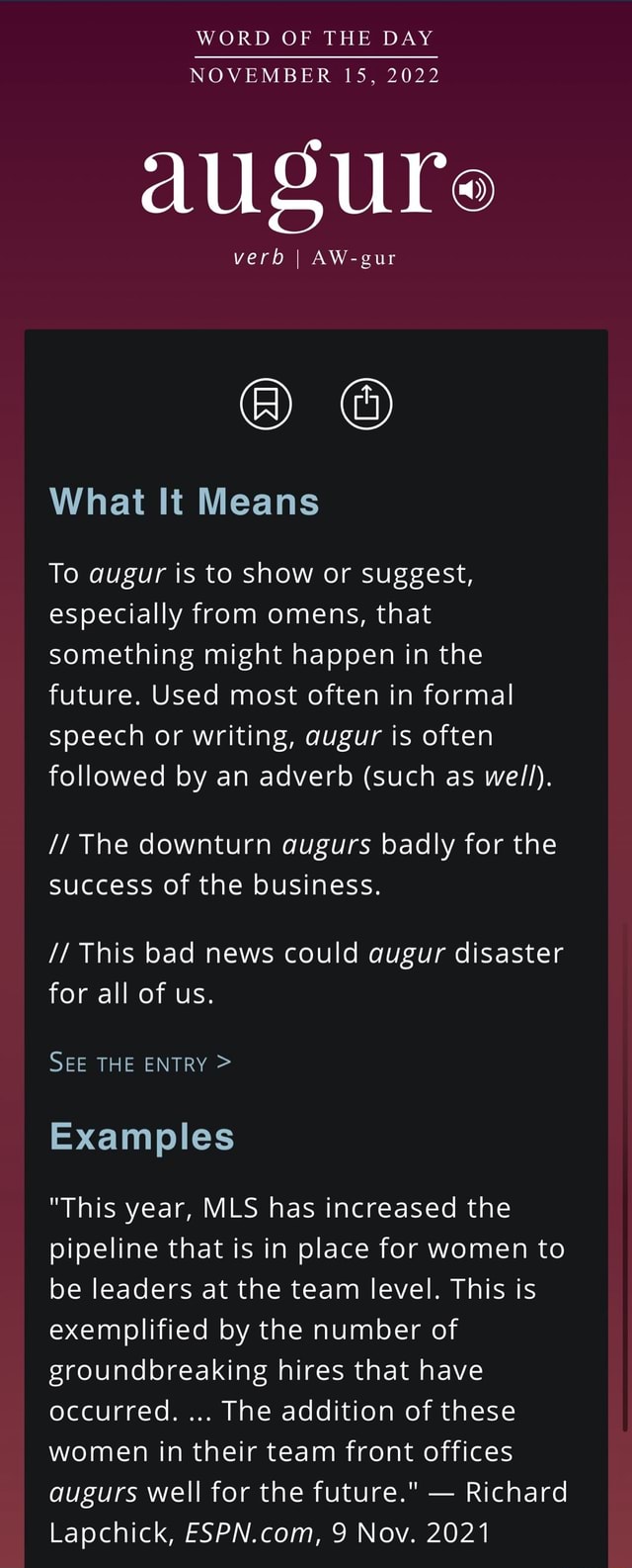 WORD OF THE DAY NOVEMBER 15, 2022 verb I AW-gur What It Means To augur ...