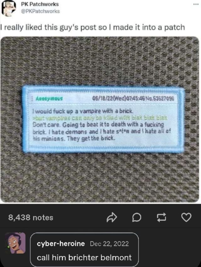 PK Patchworks really liked this guy's post so I made it into patch Amenymeus would fuck up a ...