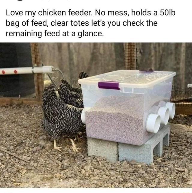Love my chicken feeder. No mess, holds a bag of feed, clear totes let's ...