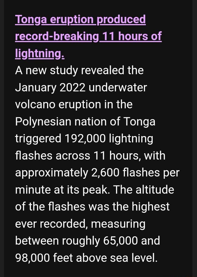 Tonga eruption produced record-breaking 11 hours of lightning. A new ...