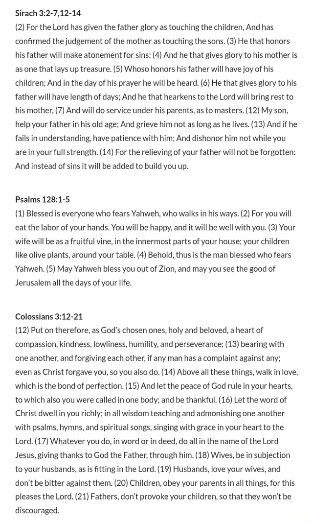 Sirach (2) For the Lord has given the father glory as touching the ...