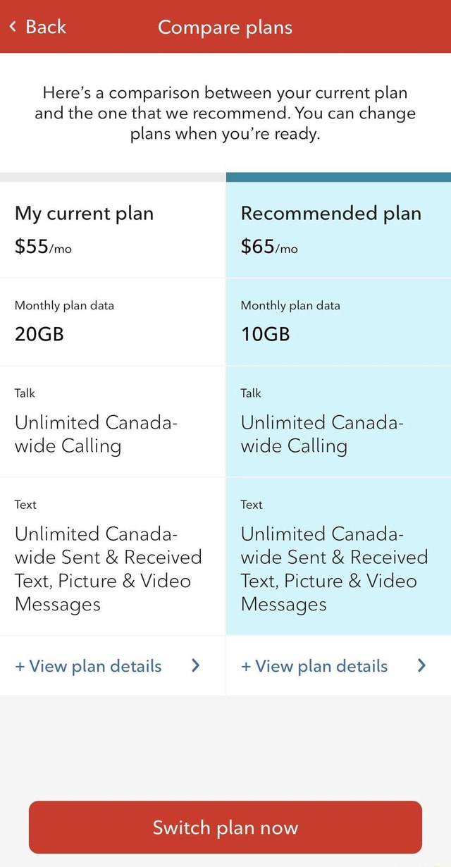 Back Compare plans Here's a comparison between your current plan and ...