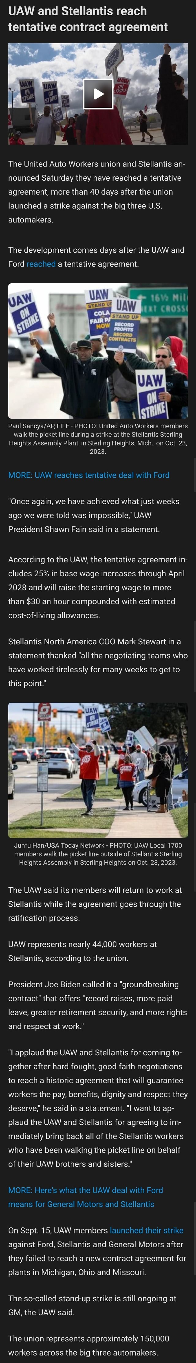 UAW and Stellantis reach tentative contract agreement The United Auto ...
