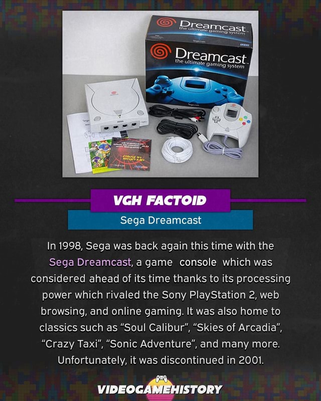 VGH FACTOID Sega Dreamcast In 1998, Sega was back again this time with ...