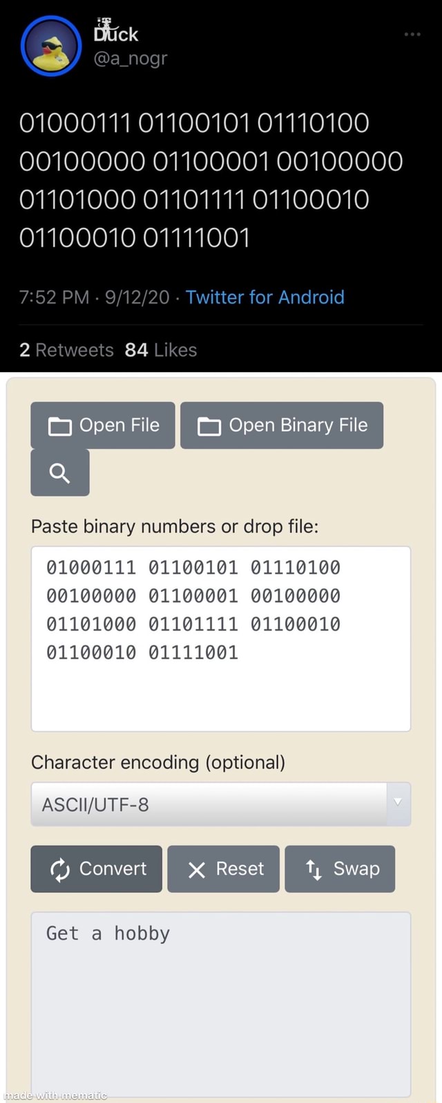 01000717 01100101 01110100 00100000 01100007 00100000 01101000 01101111 ...