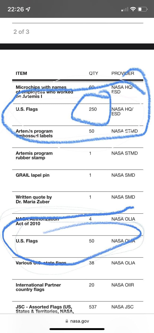 Artemis 1 payload - 2 of 3 WhO U.S. Flags QTY NASA HQ/ ESD Artemis ...